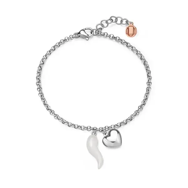 UNALOE Silver / White Sterling Silver Cornicello & Heart Charm Bracelet – White Enamel Italian Good Luck Jewelry, Handmade Lucky Talisman - Silver/white