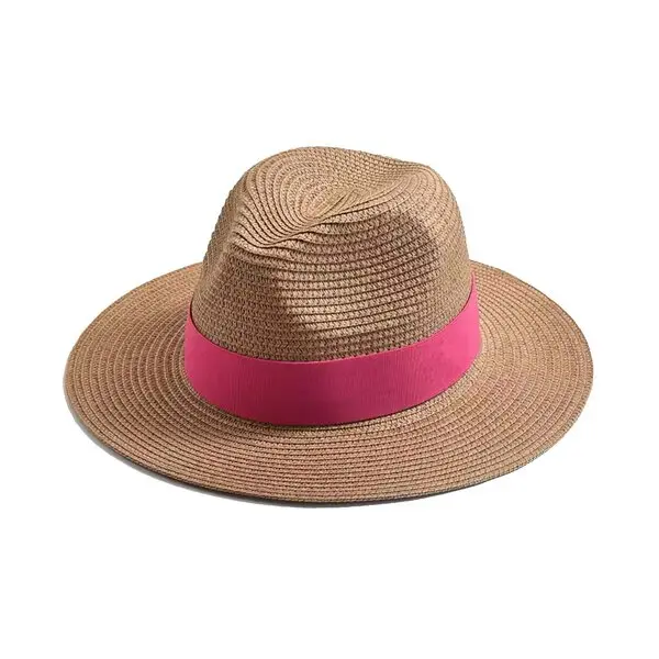 CHANEL JOAN ELKAYAM Brown / Neutrals / Pink Pink Trim Wide Brim Straw Fedora Hat - Brown/pink