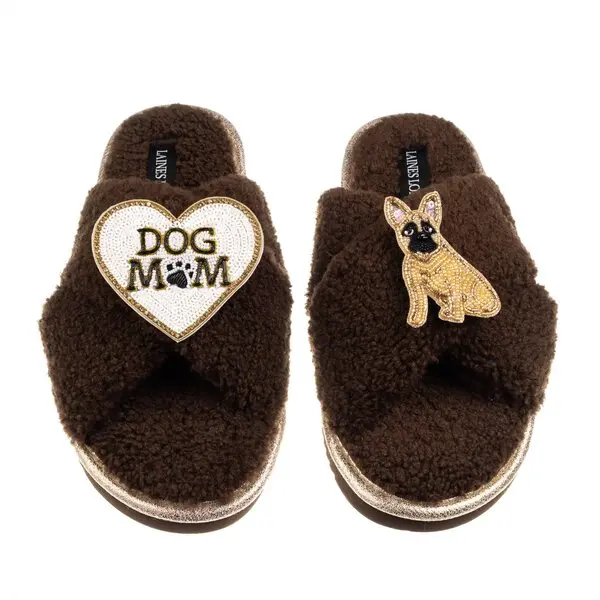 LAINES LONDON Neutrals Boucle Slippers With Dog Mum/mom & Fawn Sitting French Bulldog Brooches Chocolate - Brown