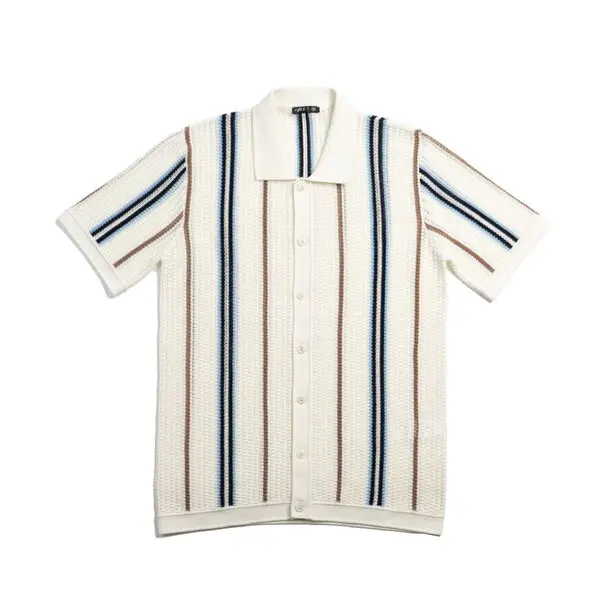 EIGHT X Neutrals / Blue / Brown Fisherman Crochet Short Sleeve Button-up Shirt - Blue/brown