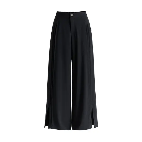 PAISIE Wide Leg Trousers With Side Pleats And Split Hem - Black