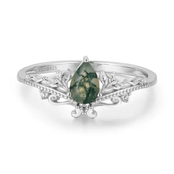 AZURA JEWELRY NEW YORK Lotus Moss Agate Ring White Gold Vermeil© Smaller Center Stone - Silver
