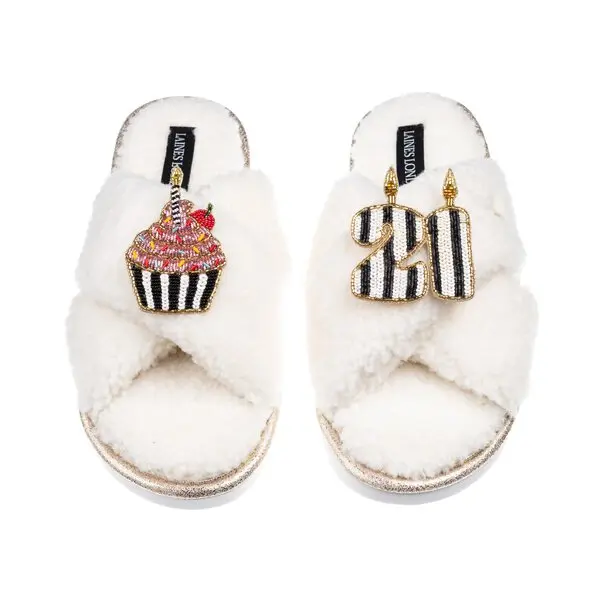 LAINES LONDON Neutrals / Laines Neutral Boucle Slippers With Stripe 21st Birthday & Cake Brooches Cream - White