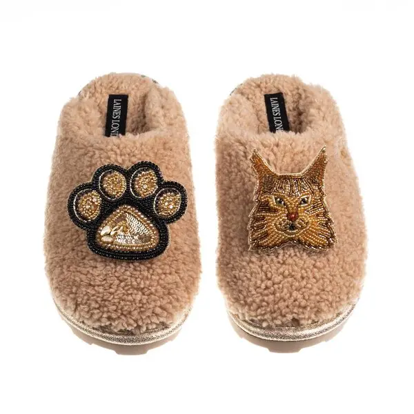 LAINES LONDON Neutrals Teddy Closed Toe Slippers With Paw & Ginger Maine Coon Cat Brooches Toffee - Brown