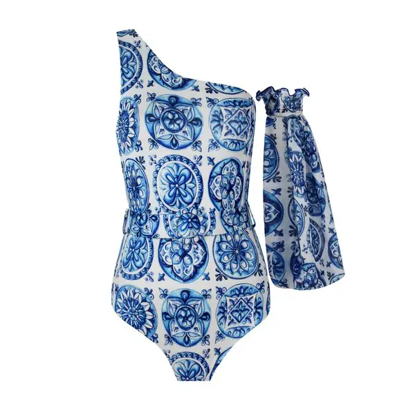 NUR KARAATA Soleil Bleu Blanc One-shoulder Swimsuit - Blue