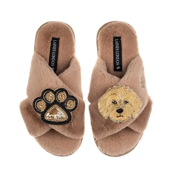 LAINES LONDON Faux Fur Slippers With Embellished Paw And Cockapoo Brooches