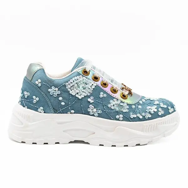 RETTROSE Maeve Luxury Dusky Satin Handmade Embellished Trainers - Blue