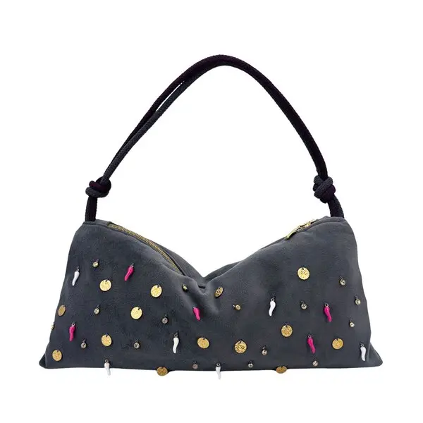 HILO DE MAR Velvet Bag With Charms Handmade - Grey