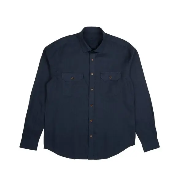 EIGHT X Essential Utility Linen Long Sleeve Button Down Shirt Navy - Blue