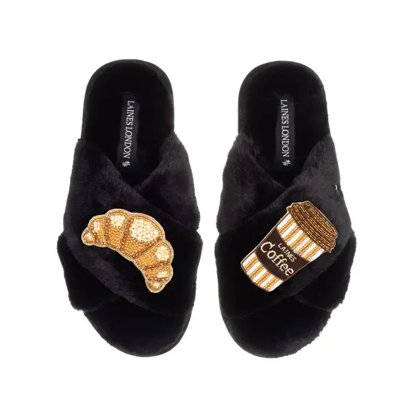 LAINES LONDON Classic Laines Slippers With Coffee Cup & Croissant Brooches - Black