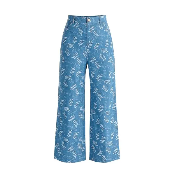 PAISIE Wide Leg Denim Trousers In Leaf Pattern In Light Denim - Blue