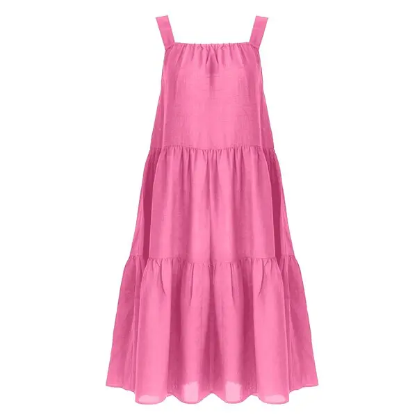 ZENZEE Cotton Linen Gathered Strap Tiered Dress Coral - Pink