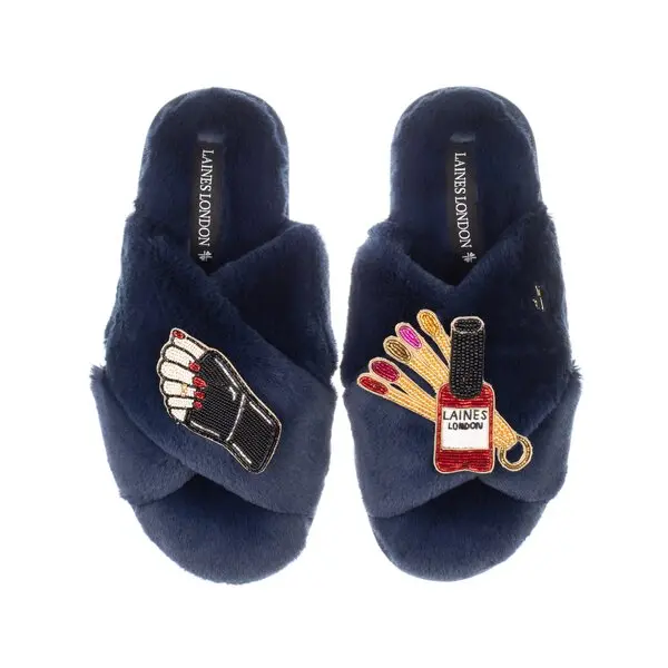 LAINES LONDON Classic Laines Slippers With Sand Nail Tech Brooches Navy - Blue