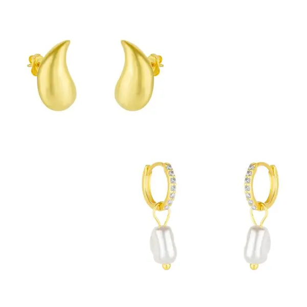 SPERO LONDON Pear Teardrop And Huggie Pearl Drop Earrings In Sterling Silver - Gold