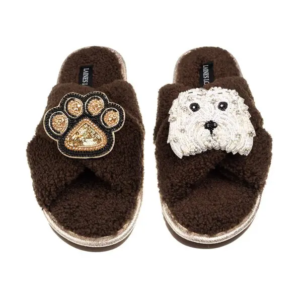 LAINES LONDON Neutrals Laines Neutral Boucle Slippers With Queenie The Bichon Frise & Paw Brooches Chocolate - Brown