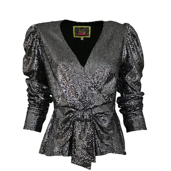 LALIPOP DESIGN Dark Silver Sequin Blouse With Peplum Hem - Grey