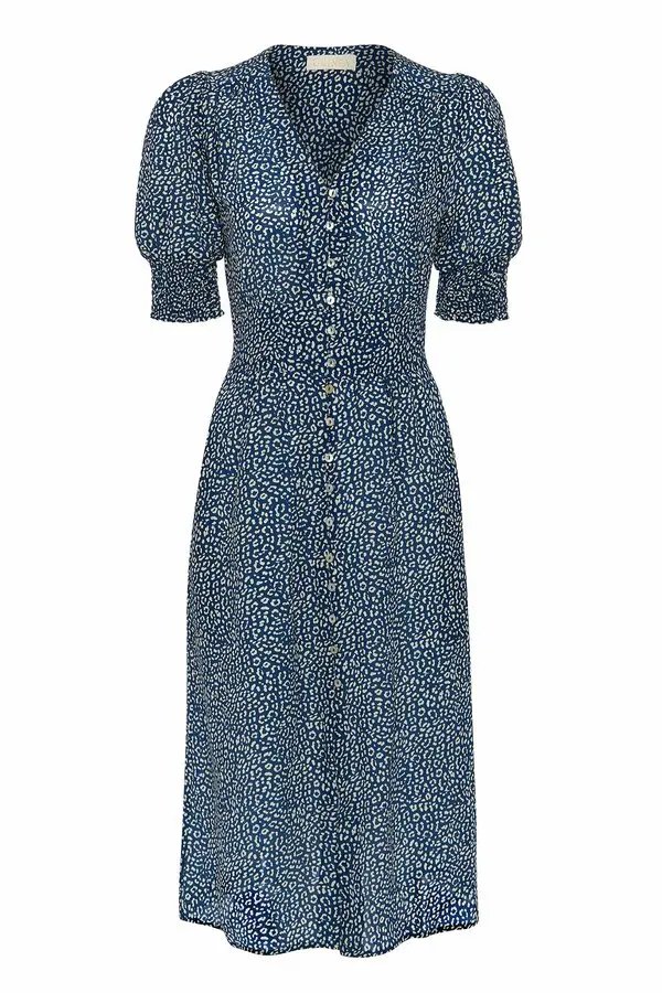 GUINEA Silk Summer Dress Navy Abstract Leopard Print - Blue