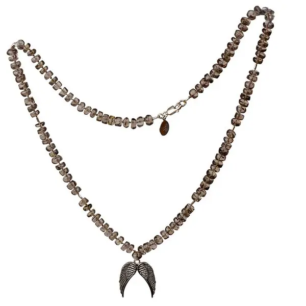 AMONTA Brown / Silver Smoky Quartz Angel Wings Silver Necklace - Brown/silver