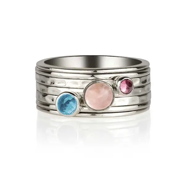 CHARLOTTE'S WEB JEWELLERY Ibiza Sunset Spinning Ring Swiss Blue Topaz, Rose Quartz & Rhodolite Garnet - Silver