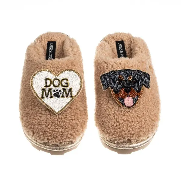 LAINES LONDON Neutrals Teddy Closed Toe Slippers With Dog Mum / Mom & Rottweiler Brooches Toffee - Brown