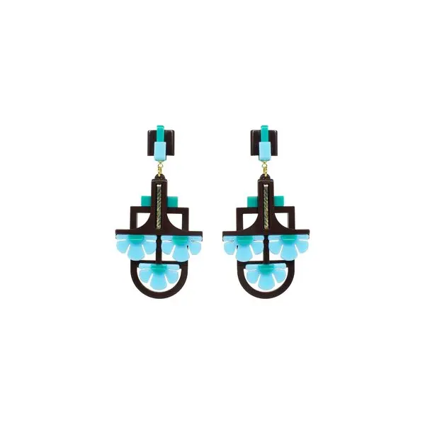 GISSA BICALHO Handmade Acrylic Earring Pendant Three Flowers Chocolate - Blue