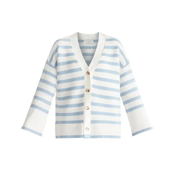 PAISIE Striped Ribbed Cardigan In White & Light Blue - Blue/white
