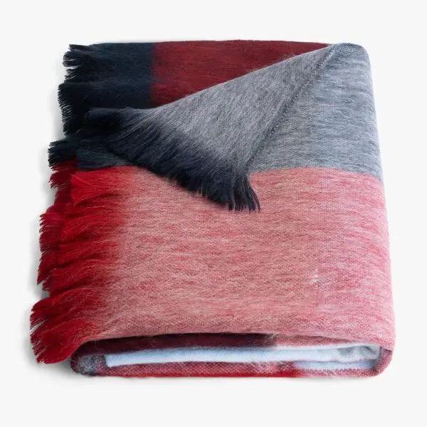 ALPACA LOCA Blue / Grey / Red Scarf Blocked Ruby Red, Blue And Grey - Blue/grey/red