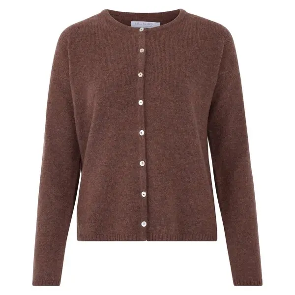 PAUL JAMES KNITWEAR Lambswool Leona Crew Neck Cardigan Tobacco - Brown