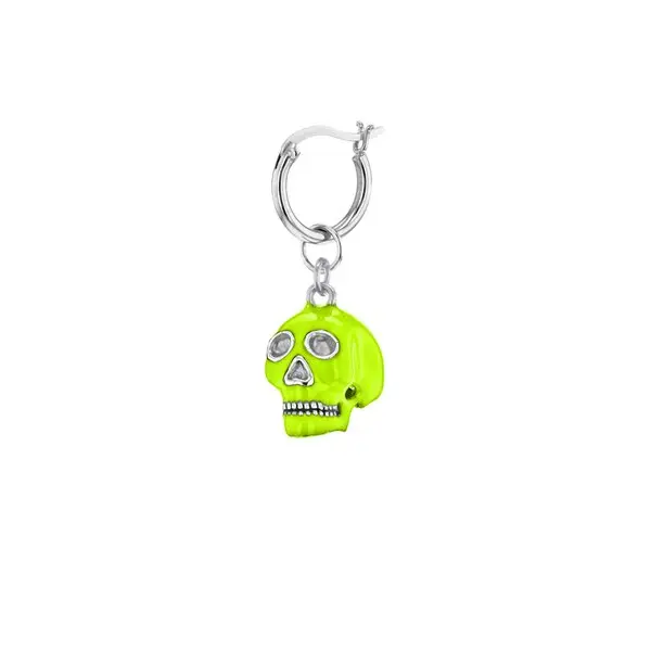 TRUE ROCKS Silver / Green Neon Lime Green & Sterling Silver Mini Skull Hung On Silver Hoop Earring
