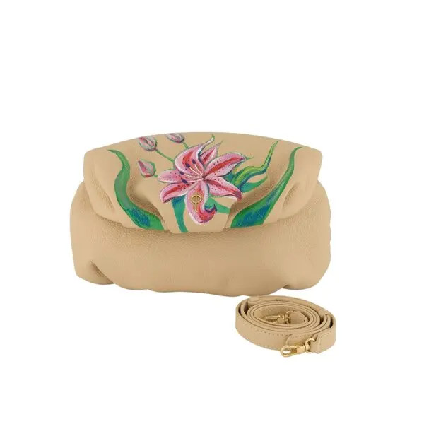 OTRERA Floral Leda Leather Clutch Bag Beige - White