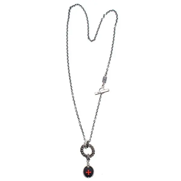 GEM KINGDOM Black / Red / Silver Necklace With Black Nerolite And Coral Inlay Cross Pendant - Black/red/silver