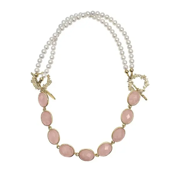 FARRA Rose Quartz And Freshwater Pearls Versatile Necklace