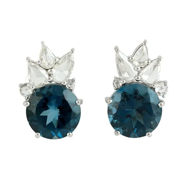 ARTISAN White / Blue London Blue Topaz & Diamond Crown Stud Earrings In 14k White Gold - White/blue