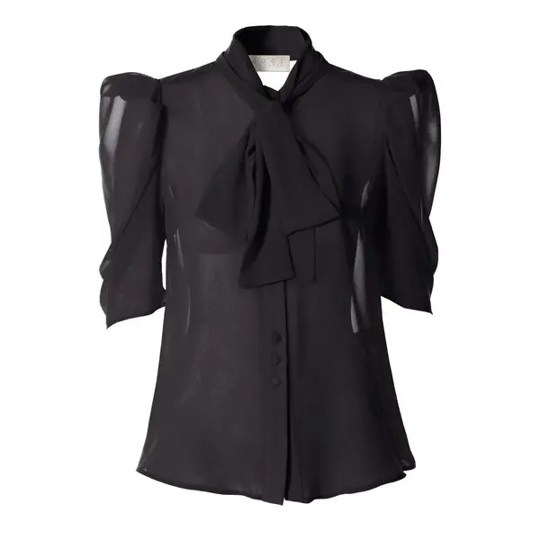 AGGI BY HALEWSKI Angel Pure Short Puffed Sleeve Chiffon Blouse - Black
