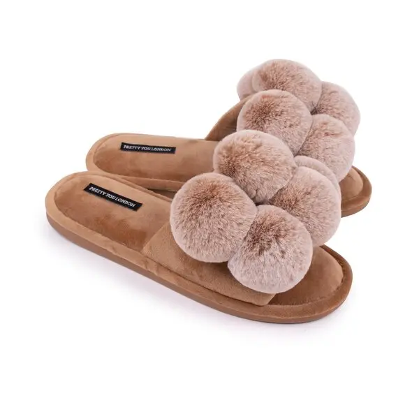 PRETTY YOU Dolly Fun Pom Slider Slippers In Caramel - Brown