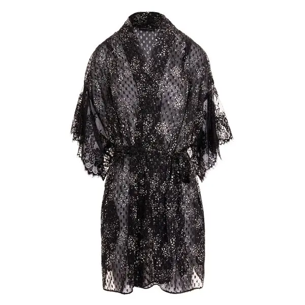 CONCEPT A TROIS Printed Veil Kimono With Chantilly Lace Details - Black