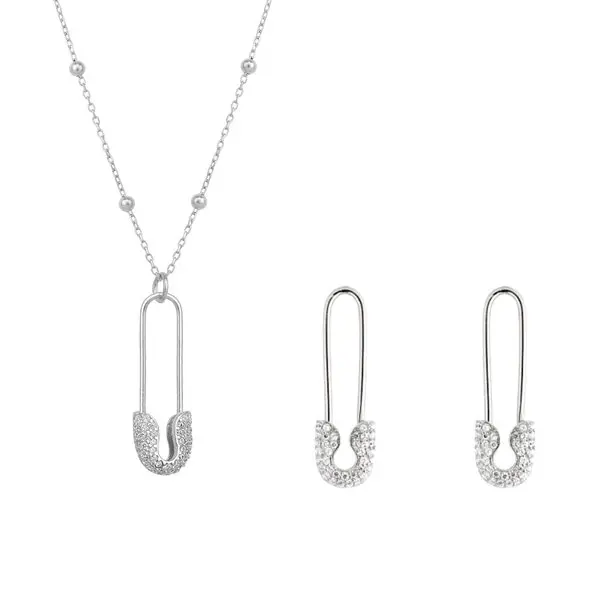 SPERO LONDON Sterling Jewelled Safety Pin Necklace With Beaded Chain & Earring Set - Silver