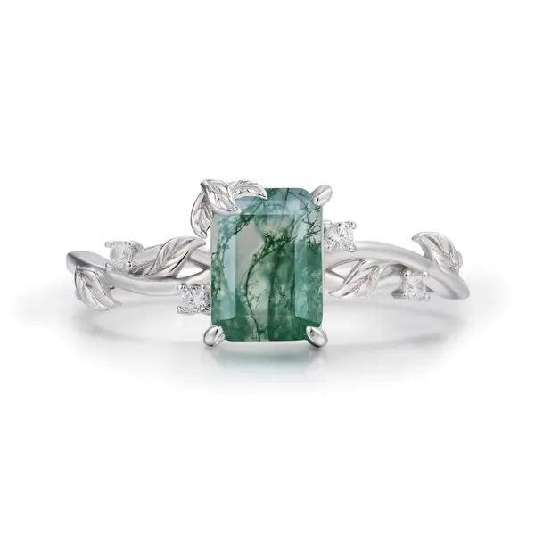 AZURA JEWELRY NEW YORK Silver / Green Ring Of Earth Moss Agate White Gold Vermeil - Silver/green