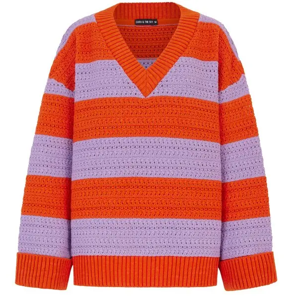 CARA & THE SKY Millie Crochet Stripe V Neck Cotton Blend Jumper - Orange