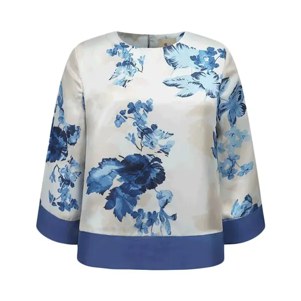 SMART AND JOY Satin Blouse With Contrasting Floral Print - Blue