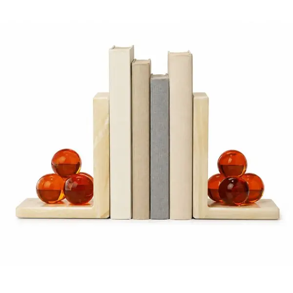MARLETH White / Red Marble Bookends With Amber Spheres Set Of Two - White/red
