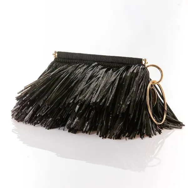 SPEIRA Raffia Fringe Clutch With Gold Tone Hoop Detail - Black