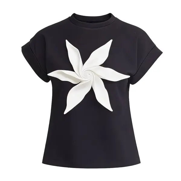 JULIA ALLERT Crew-neck Jersey T-shirt With Flower - Black