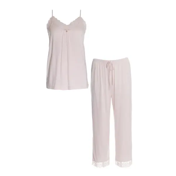 PRETTY YOU Bamboo Lace Cami Cropped Trouser Pj Set In Powder Puff - Orange