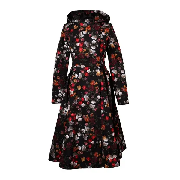 RAINSISTERS Long Double Breasted Peacoat: Rose Garden - Black