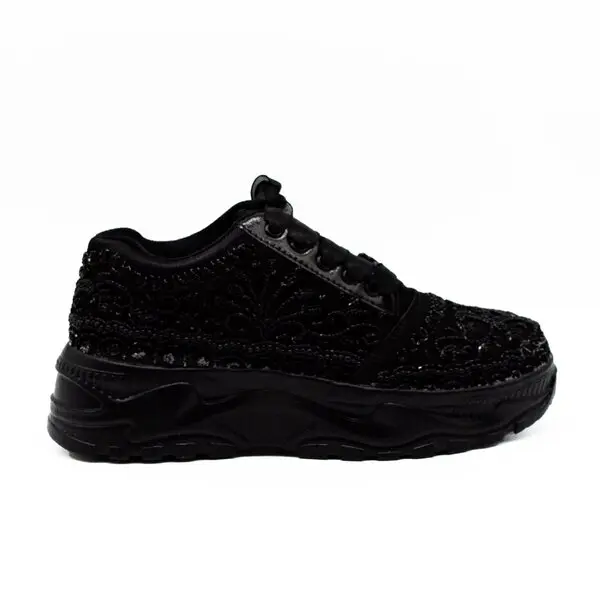 RETTROSE Iris Luxury Noir Satin Handmade Embellished Trainers - Black