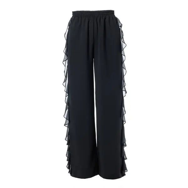 CONCEPT A TROIS Wide Leg Trousers With Ruffles - Black