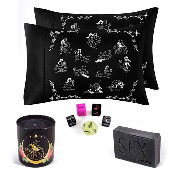 BLACK CAKE Scorpio Pleasure Pack- Zodiac Horoscope Love Pillowcase, Soap, Dice, Candle Set - Black