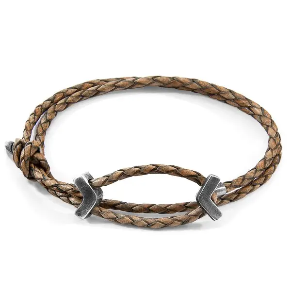 ANCHOR & CREW Taupe William Silver & Braided Leather Skinny Bracelet - Grey