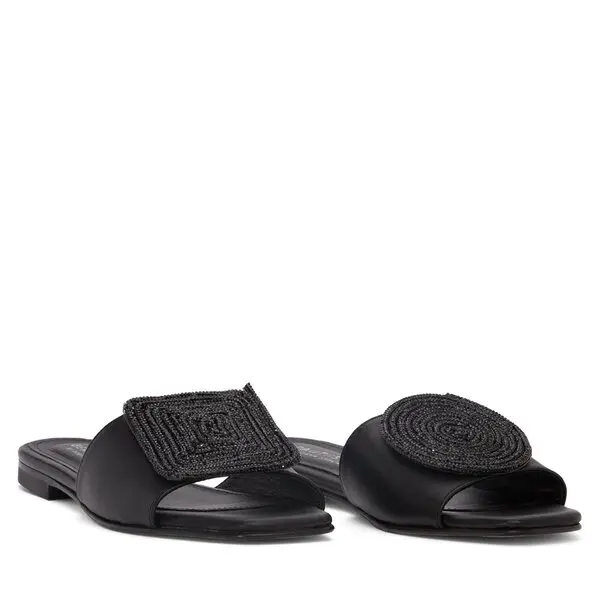 BEAUTIISOLES BY ROBYN SHREIBER Adeline Leather Flat Sandal Comfortable & Sexy Work & Valentine Evening Slide - Black